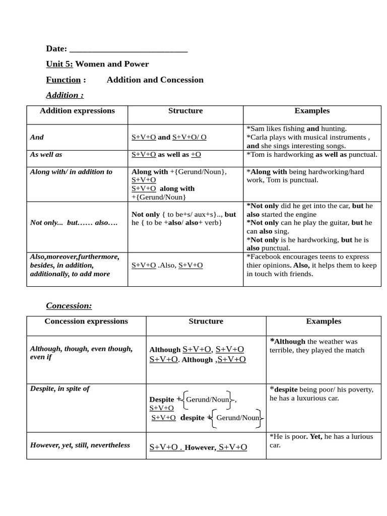 Addition and Concession Lesson | PDF