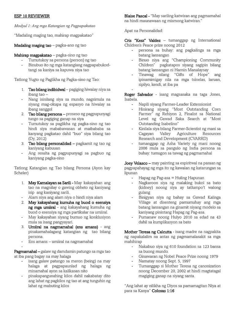 Esp 10 Reviewer q1 | PDF