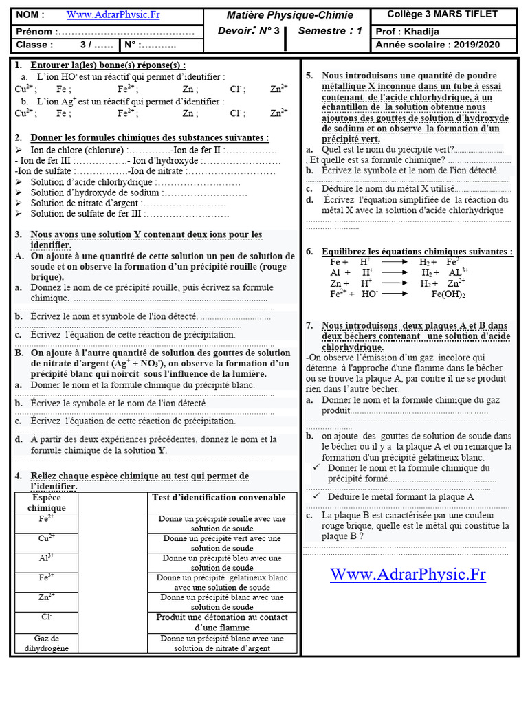 Controle 3 - 1 S1 3AC Inter | PDF | Hydroxide | Chemical Elements