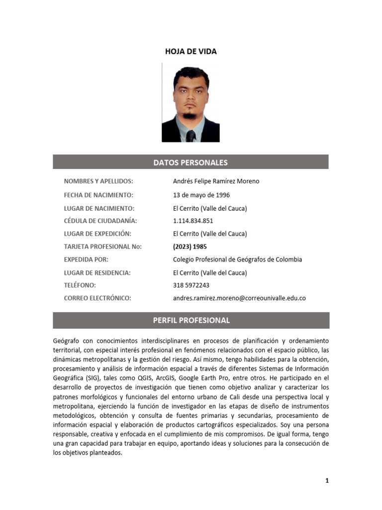 Hoja de Vida Andrés Felipe Ramírez Moreno | PDF