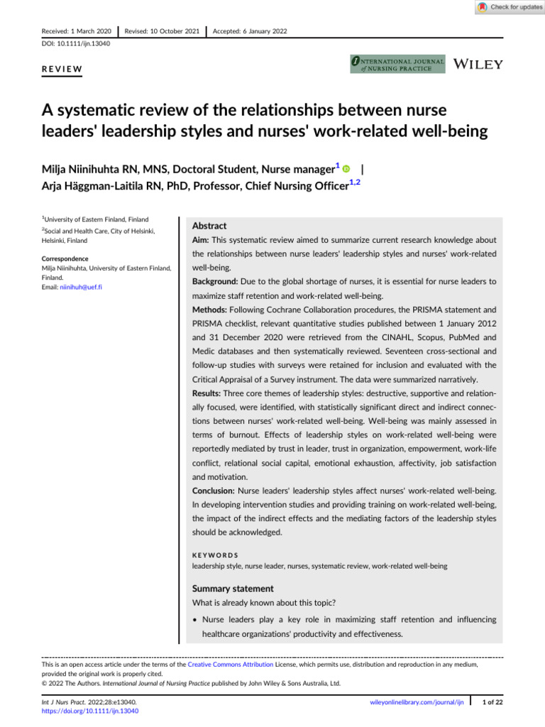 Int J of Nursing Practice - 2022 - Niinihuhta - A Systematic Review of ...