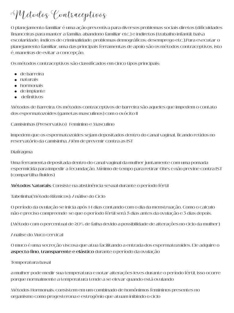Métodos Contraceptivos Resumo PDF | PDF