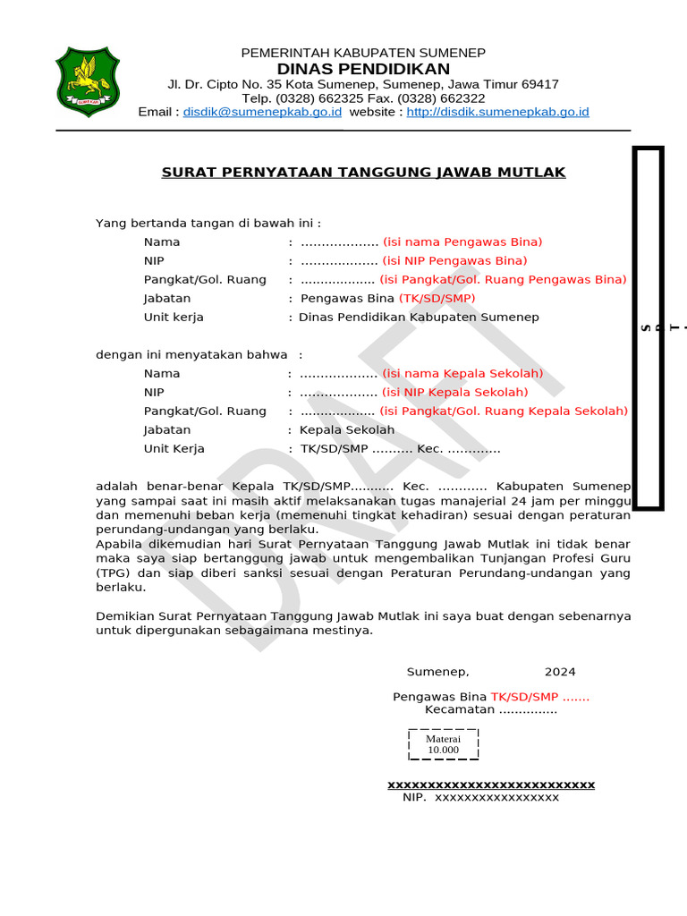 Draft CONTOH SPTJM TPG SEMESTER 2 - 2024 | PDF