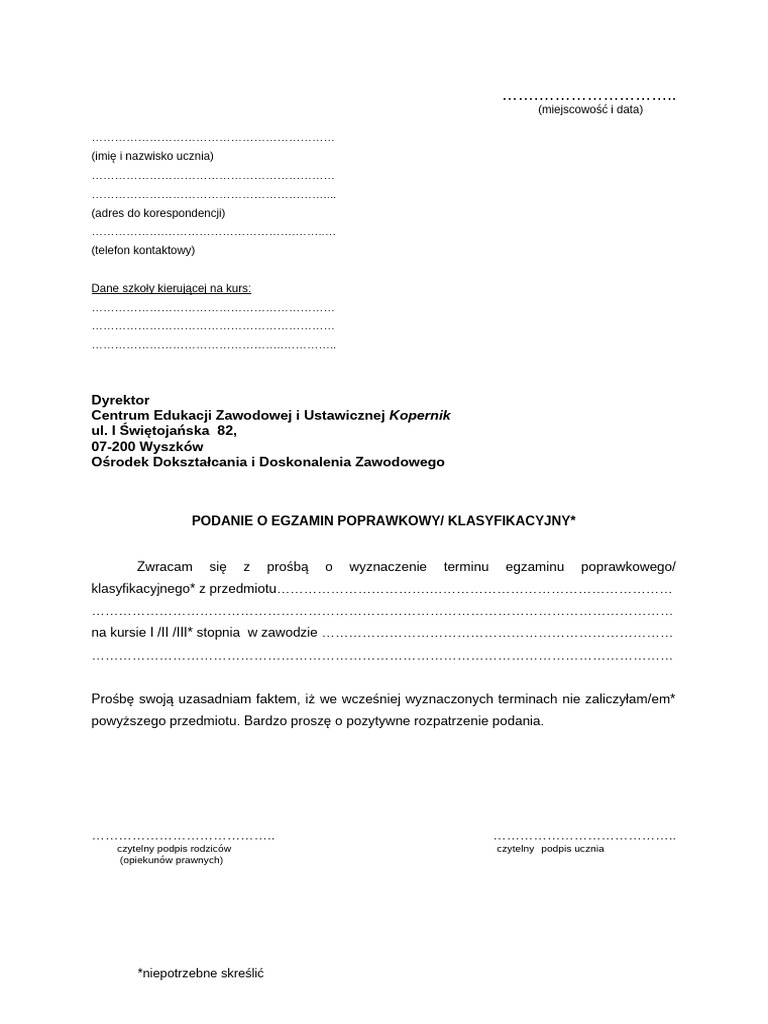PODANIE O EGZAMIN POPRAWKOWY KLASYFIAKCYJNY | PDF