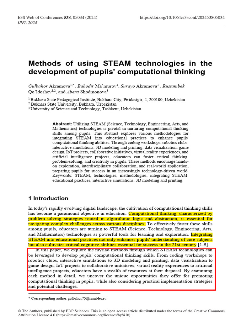 Methods of Using STEAM Technologies in The Development of Pupils ... Methods of Using STEAM Technologies in The Development of Pupils ...