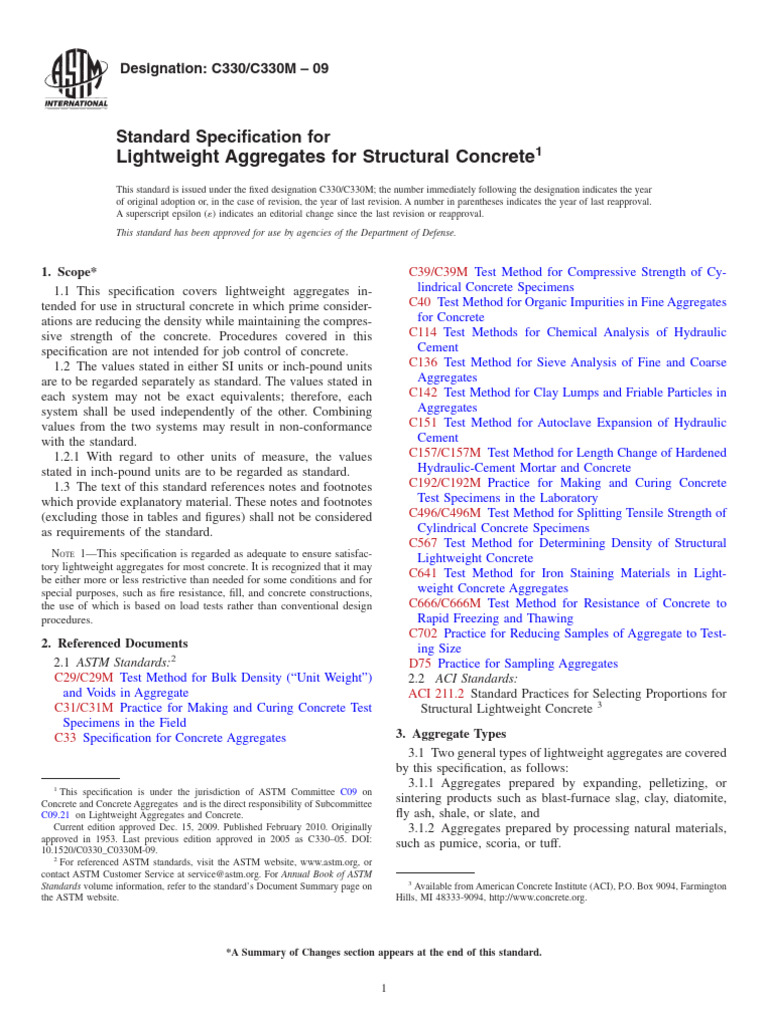 ASTM C330-09 Lightweight Aggregates | PDF