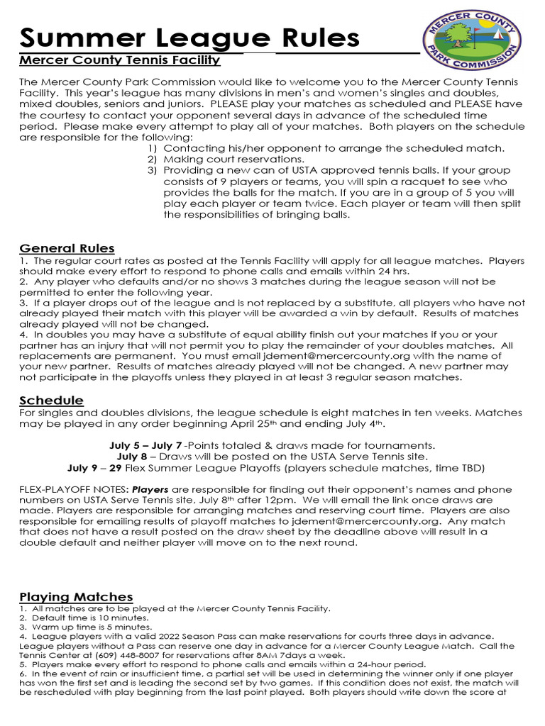 Summer Tennis League Rules 2022 | PDF
