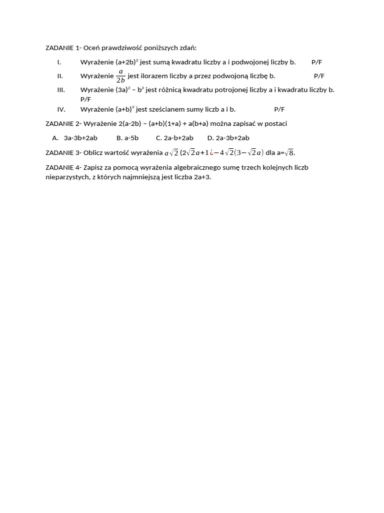Wyrażenia Algebraiczne Zadania | PDF