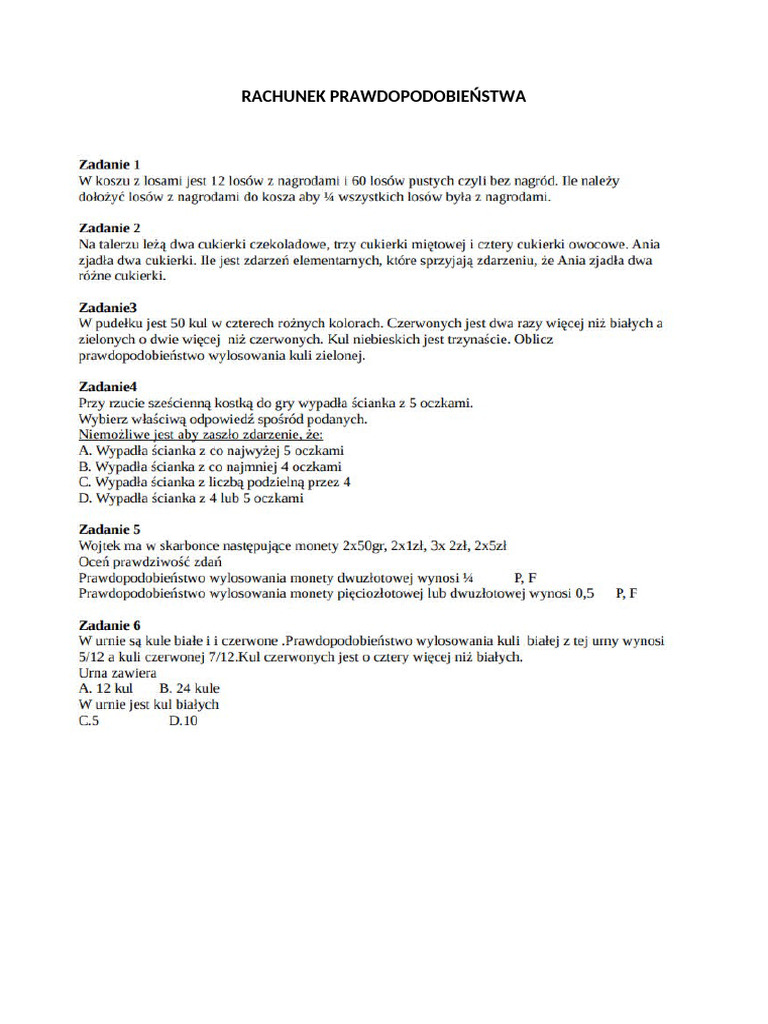RACHUNEK PRAWDOPODOBIEŃSTWA zadania | PDF