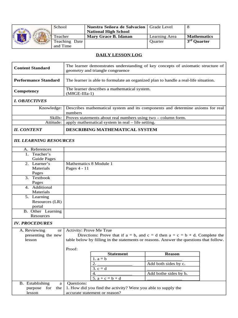 DLL Math 8 Q3L1 | PDF