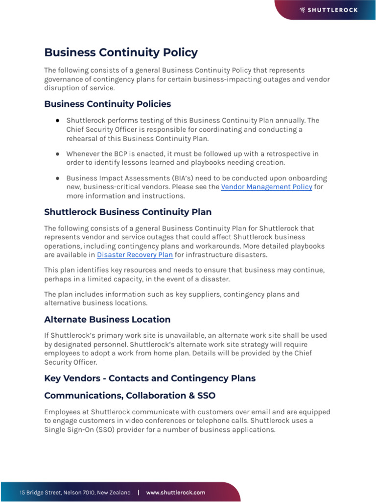 Business Continuity Policy | PDF