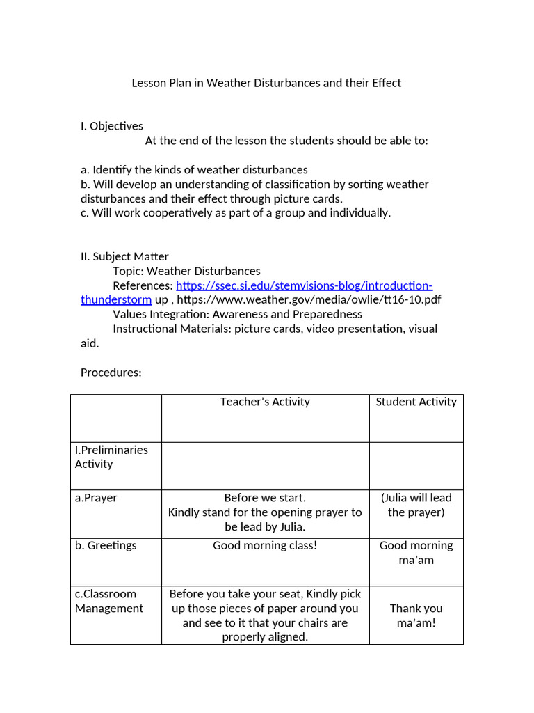 Lesson Plan in Weather Disturbances | PDF