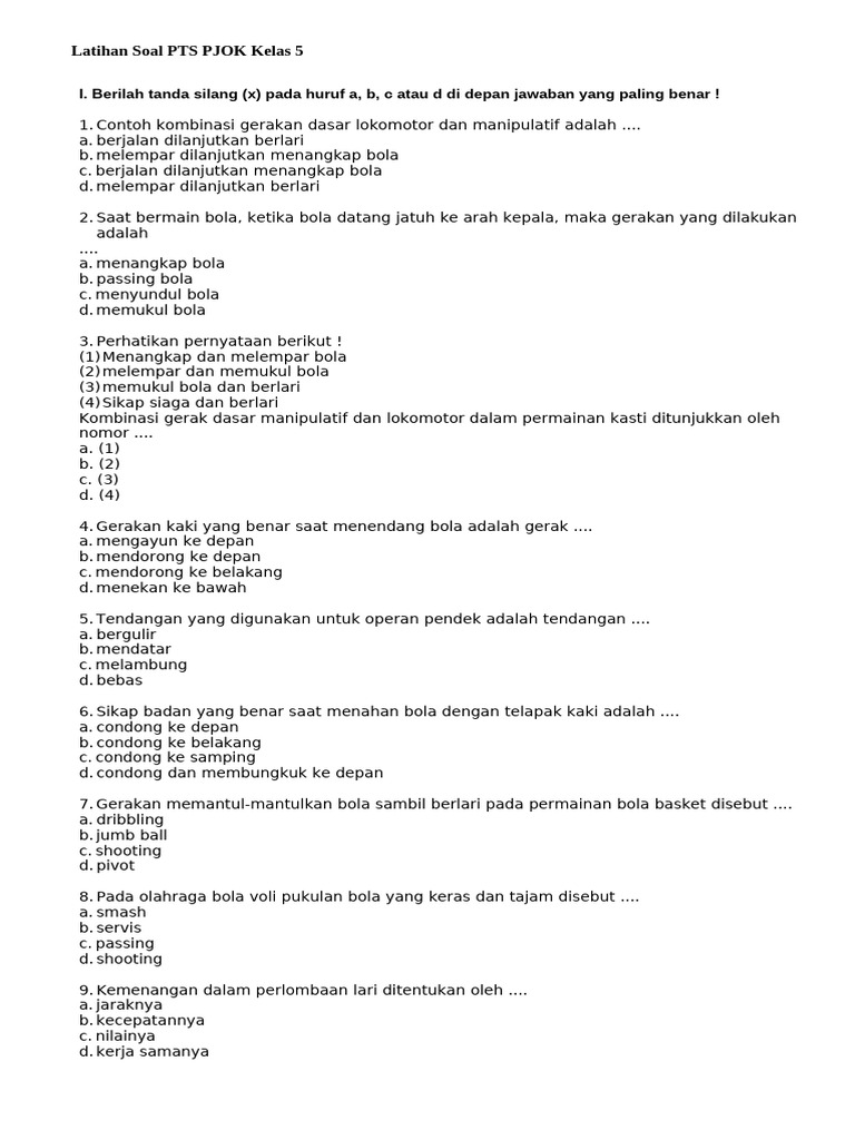 Soal PTS PJOK Kelas 5 Semester 1 2019 2020 | PDF