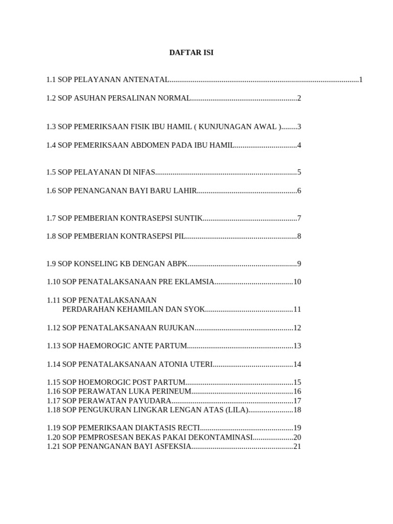 Daftar Isi Sop Bidan Praktik Mandiri Ibu HJ Marfuah | PDF