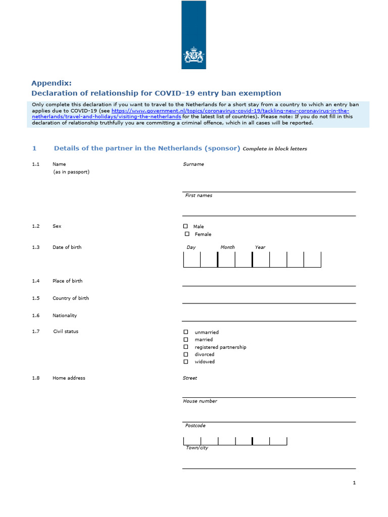 Declaration of Relationship For Covid 19 Entry Ban Exemption 1 | PDF