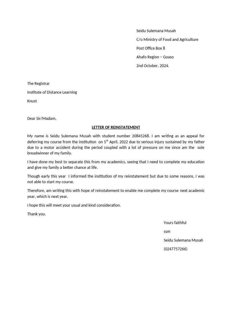 Reinstatement Letter | PDF