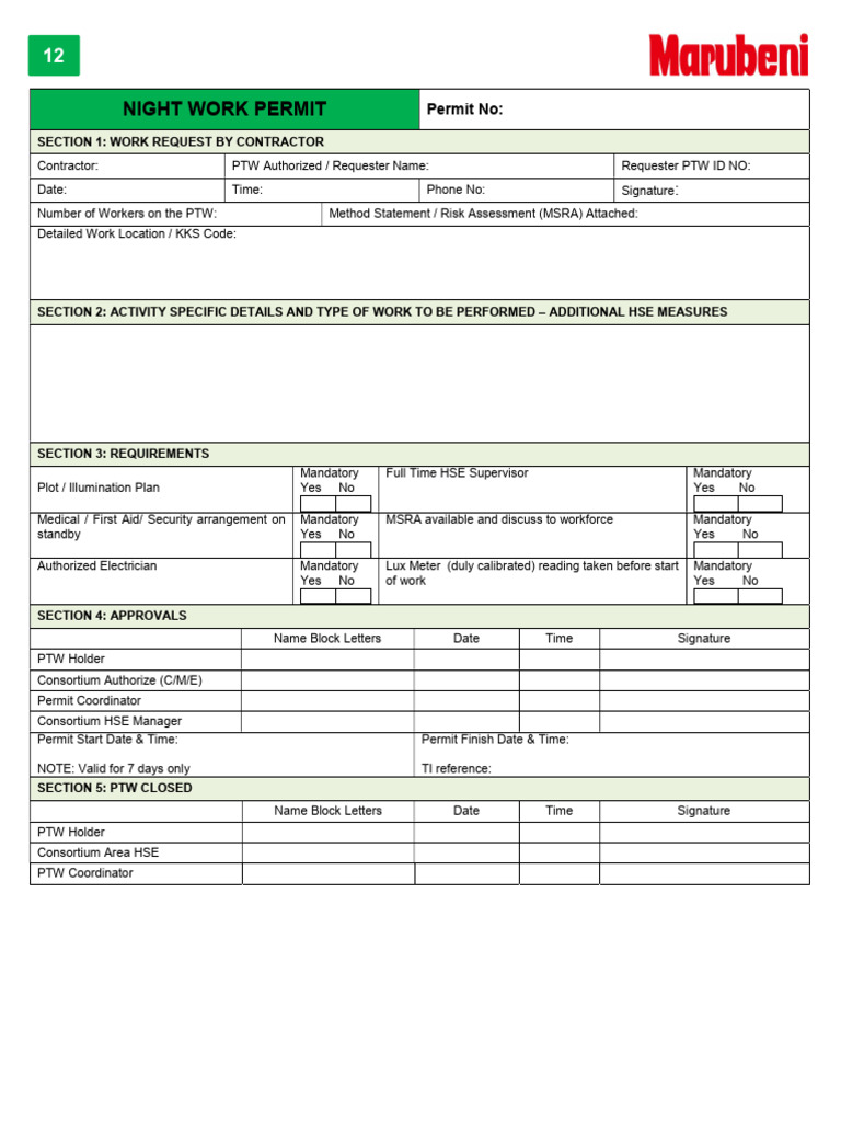 Night Work Permit - PTW Procedure Rev. 2 | PDF