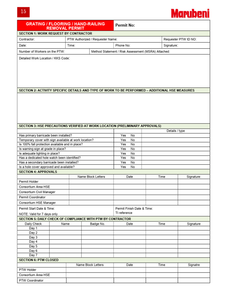 Grating - Flooring - Hand-Railing Removal Permit - PTW Procedure Rev. 2 | PDF