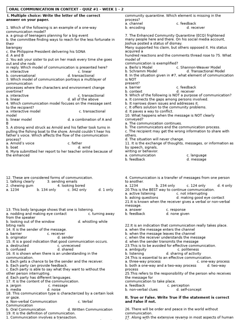 Quiz #1 - Week 1-2 | PDF | Communication | Language Arts & Discipline