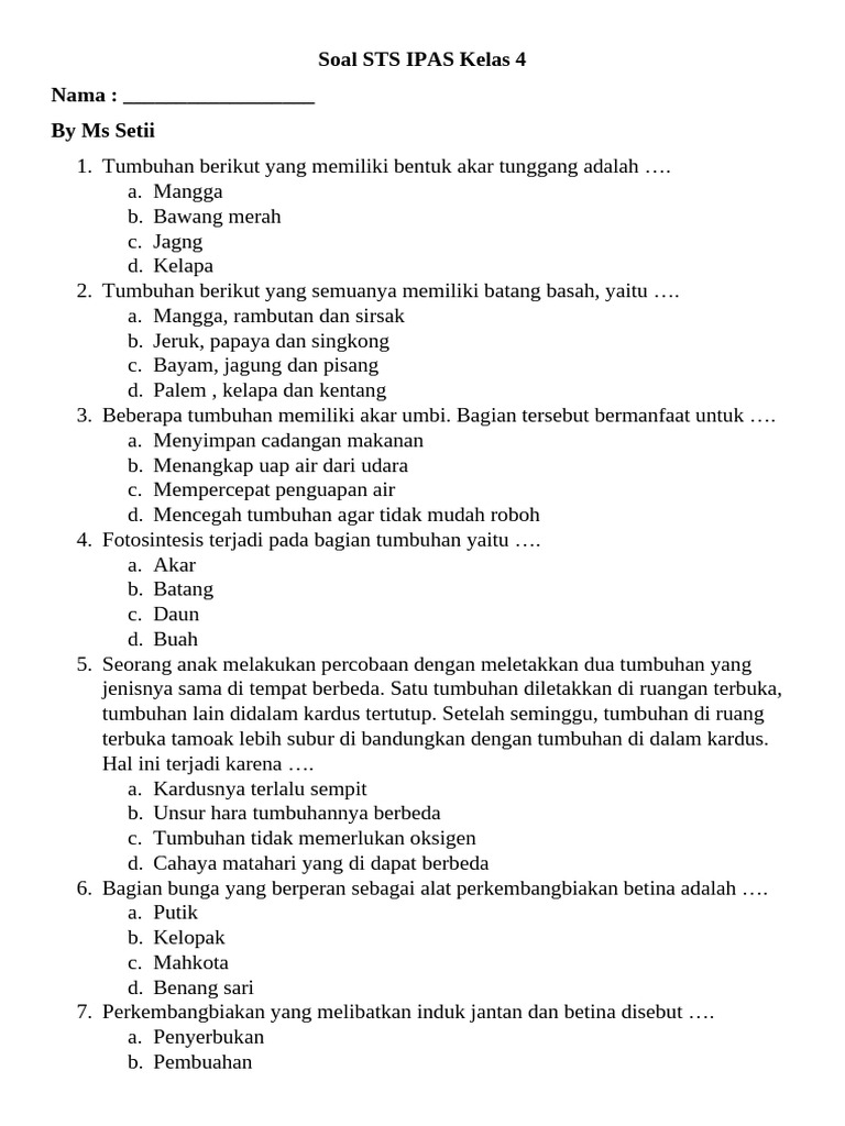 Soal STS IPAS Kelas 4 Bab 1 dan 2 | PDF