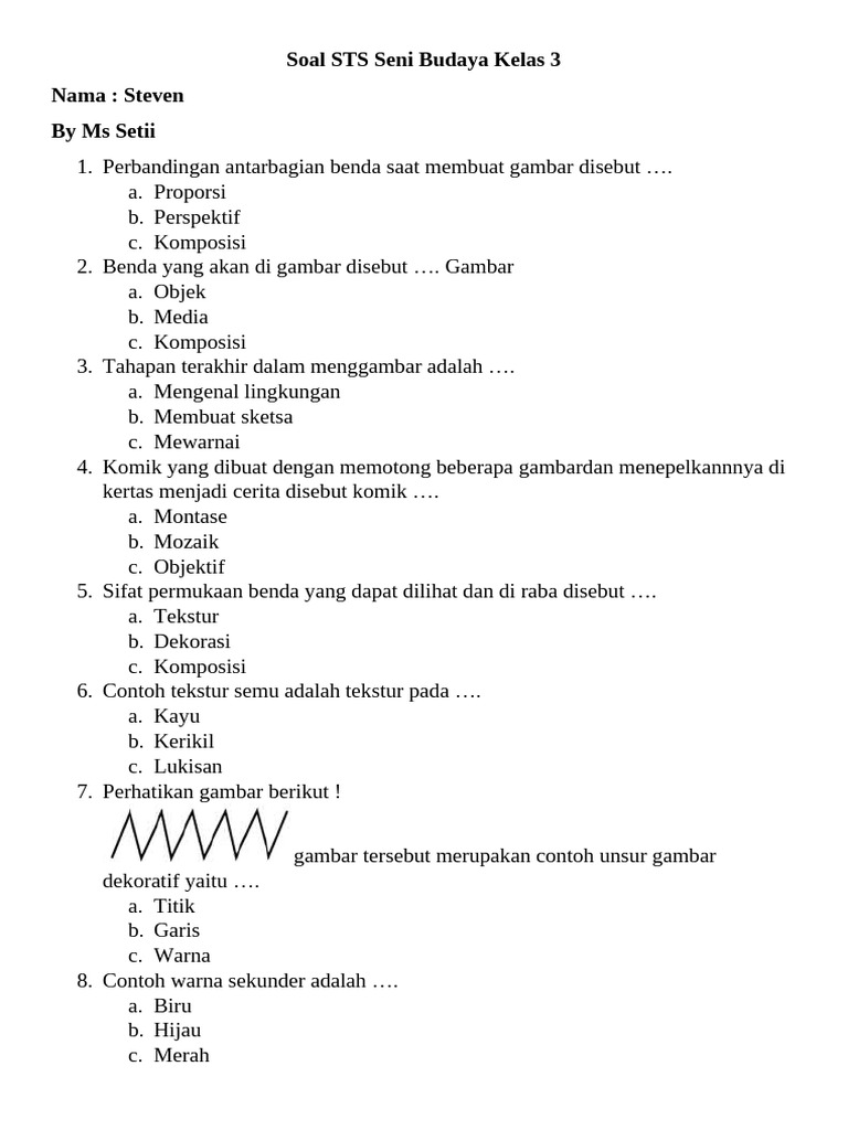 Soal STS Seni Budaya Kelas 3 Steven | PDF