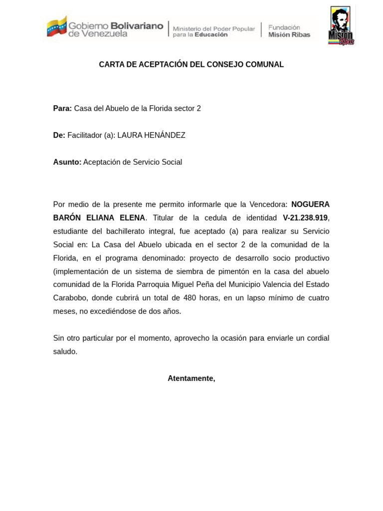 Carta de Aceptación Del Consejo Comunal | PDF