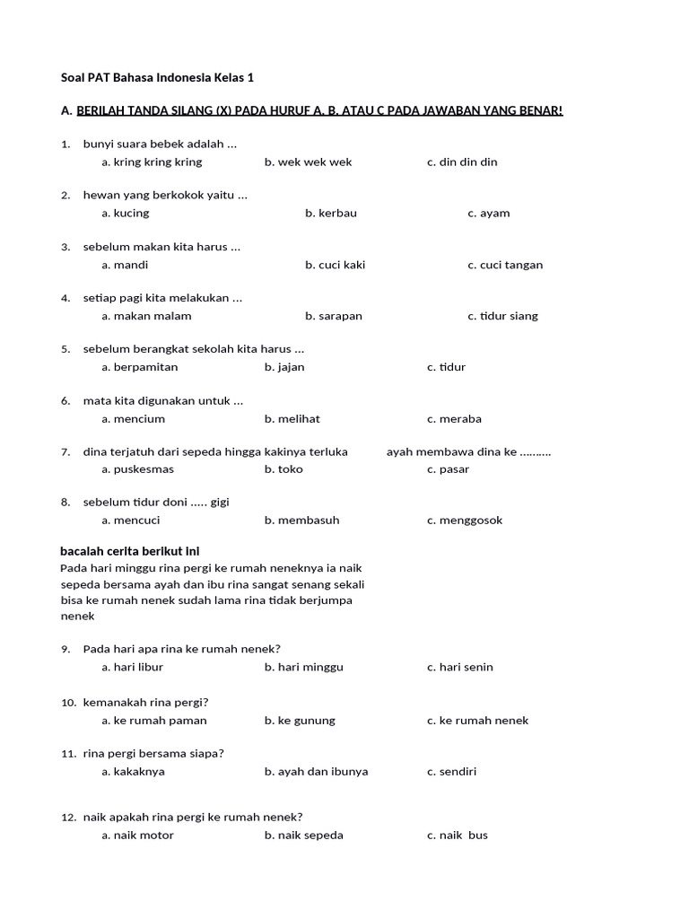 Soal UAS Bahasa Indonesia Kelas 1 SD Semester 2 Dan Kunci Jawaban | PDF