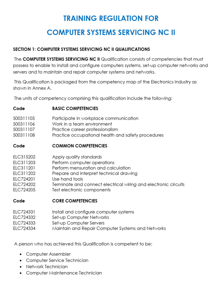 Traning Regulation (TR) For CORE Competencies in CSS NCII | PDF