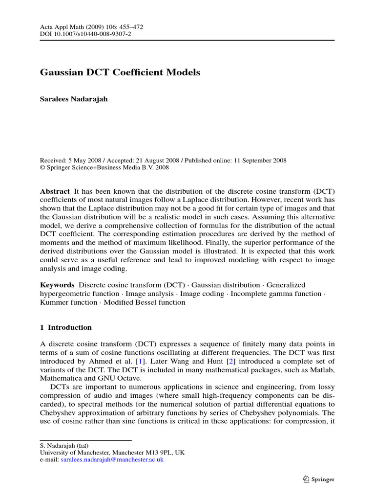 Gaussian DCT Coefficient Models: Saralees Nadarajah | PDF