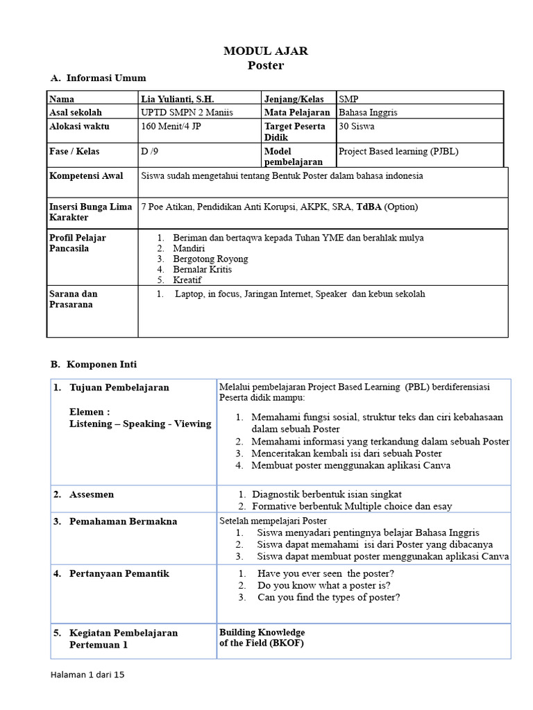 Modul Ajar POSTER Kelas 9 | PDF