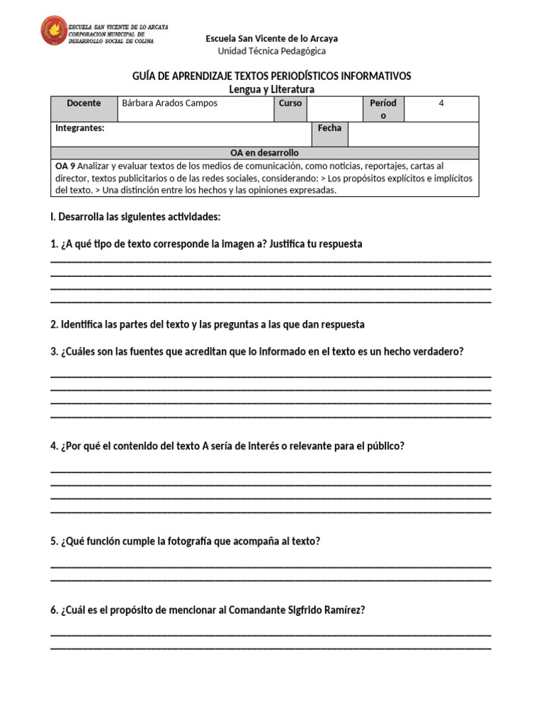 Guía Géneros periodísticos informativos 7° básico | PDF