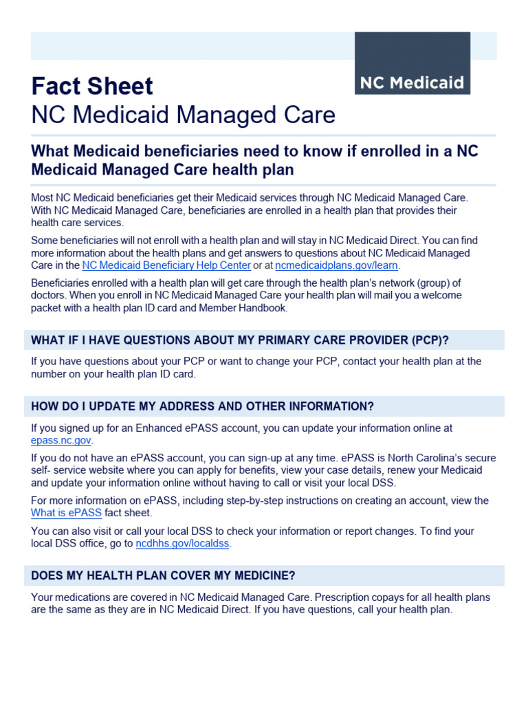 NC Medicaid Managed Care - Beneficiary Fact Sheet - 20240613 | PDF