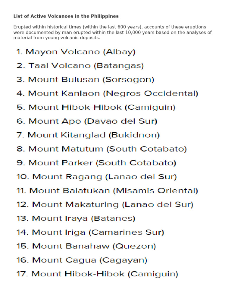 List of Active Volcanoes in The Philippines | PDF