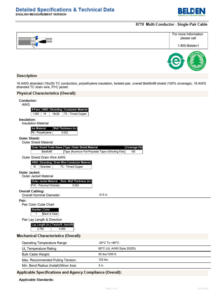 Data Sheet Cable Belden 8719 | PDF | Tecnología e ingeniería