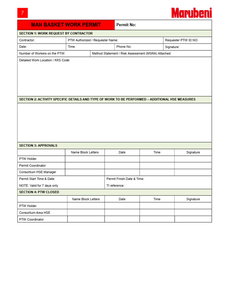 Man Basket Work Permit - PTW Procedure Rev. 2 | PDF