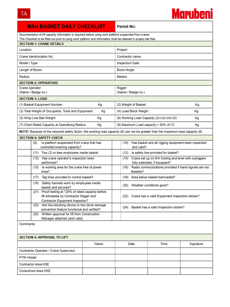 7A. Man Basket Daily Checklist - PTW Procedure Rev. 2 | PDF