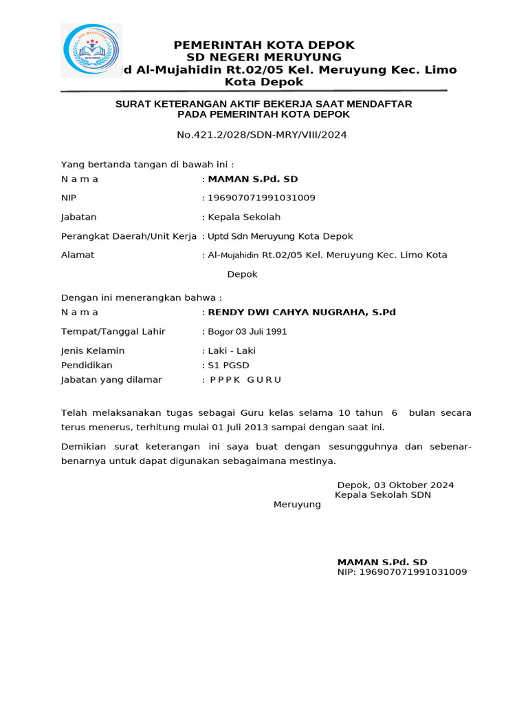 Lampiran 4 - Format Surat Keterangan Aktif Bekerja PPPK | PDF