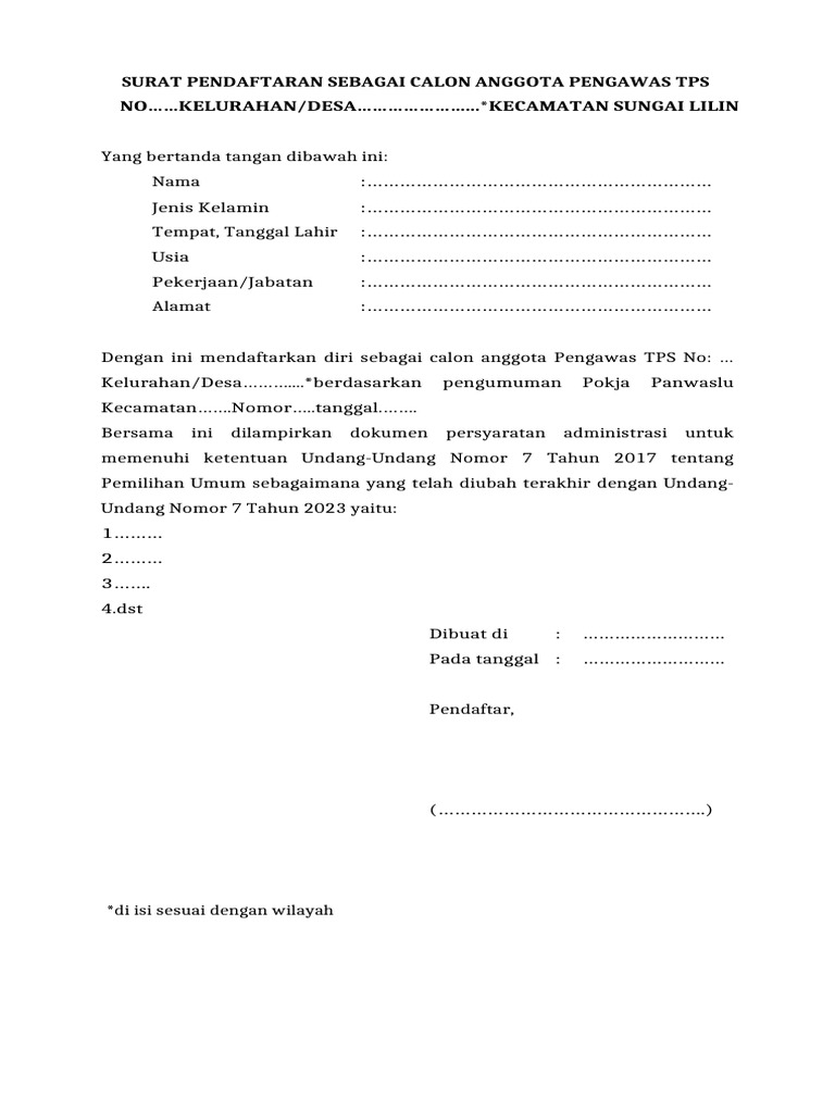 Surat Pendaftaran Sebagai Calon Anggota Pengawas TPS | PDF