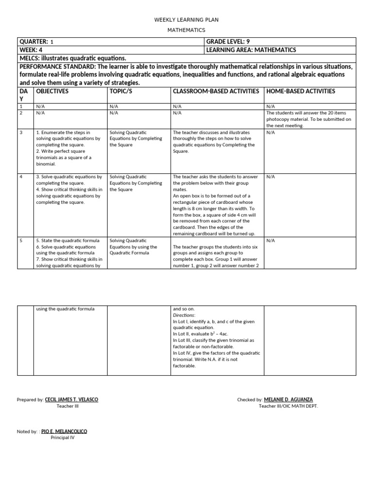 GRADE 9-WLP Week 4 | PDF | Quadratic Equation | Equations