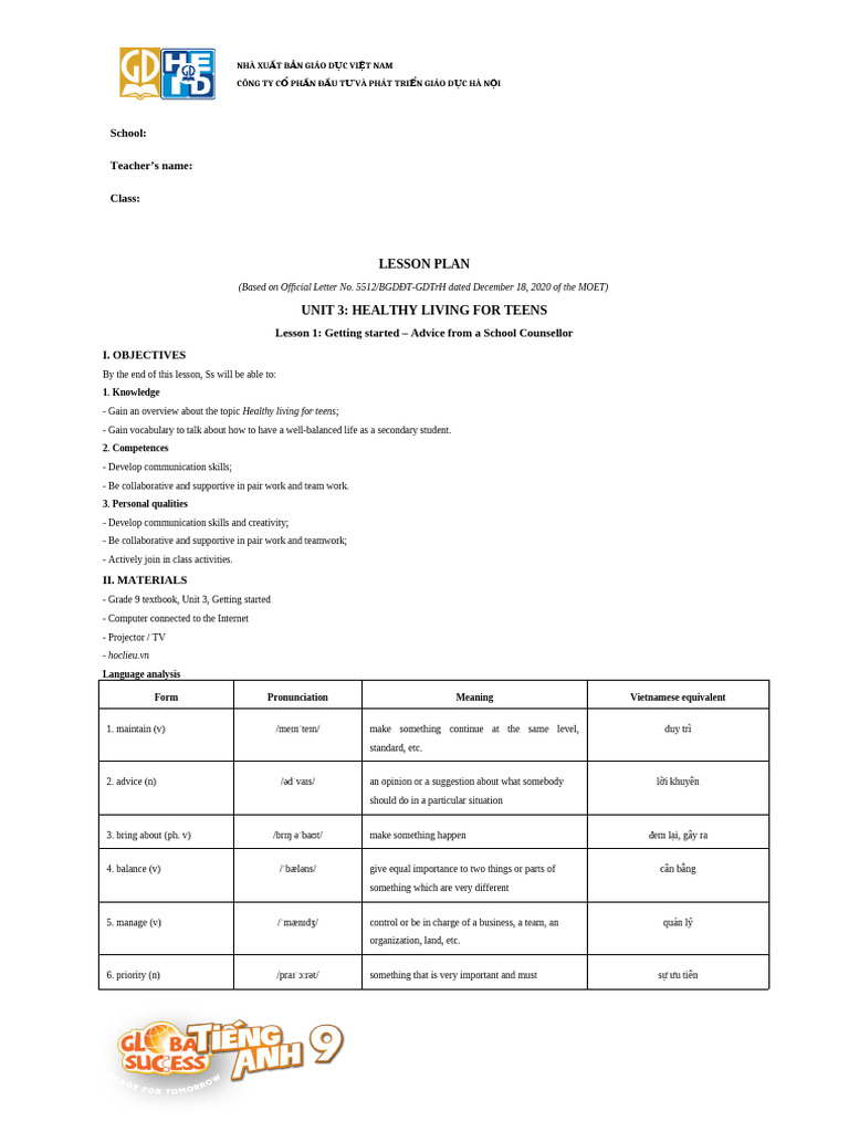 Giáo án tiếng anh lớp 9 Global success Unit 3 | PDF