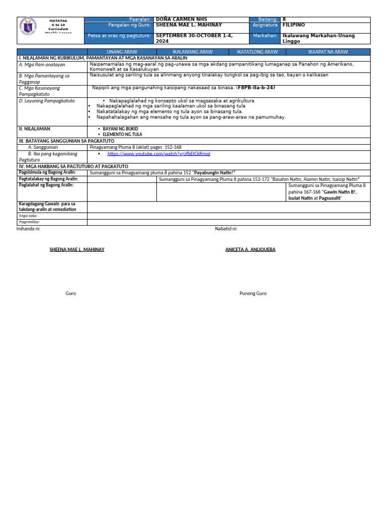 DLL-MATATAG-FILIPINO8-WEEK2-2ND QTR | PDF
