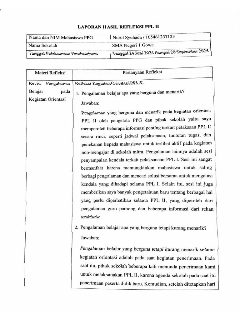 Laporan Hasil Refleksi - PPL II - PPG PRAJAB | PDF