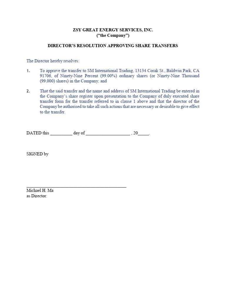 ZSY Share Transfer Resolution 1 | PDF