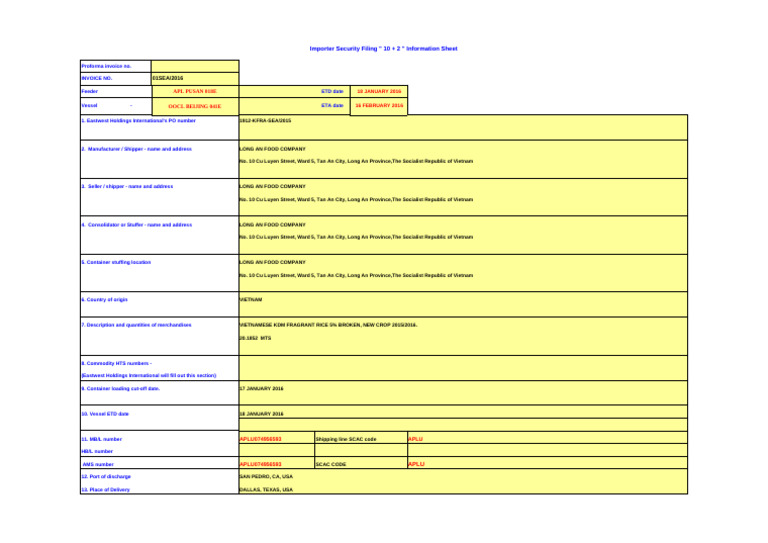 ISF fORM 10+2 - ETD 18-01-16 | PDF