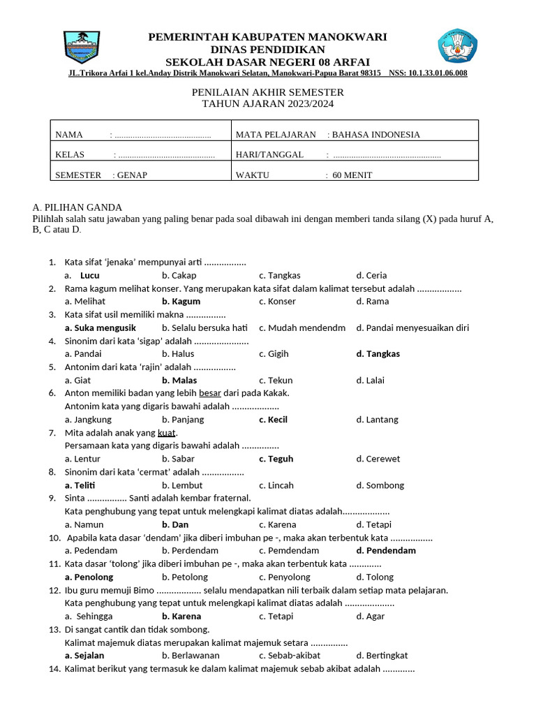 Soal Pts Kelas 5 TA 2024 Ganjil | PDF