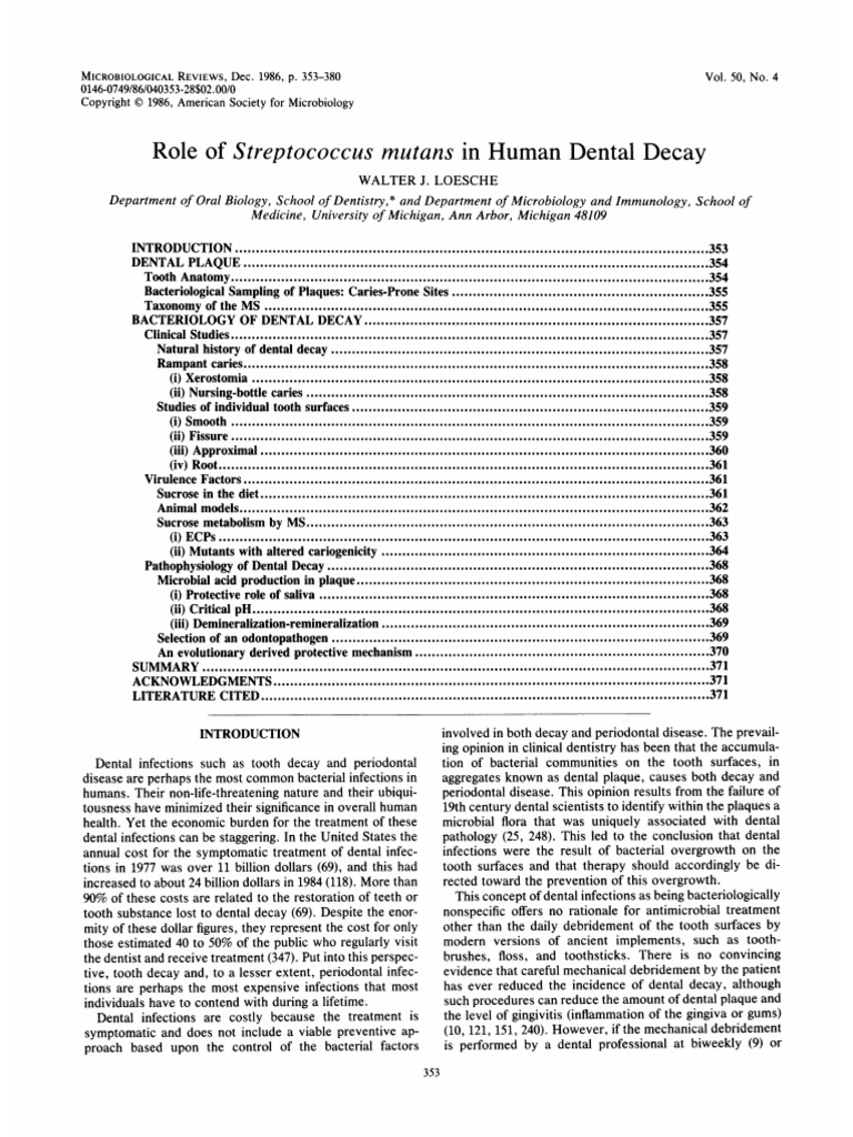 Loesche 1986 Role of Streptococcus Mutans in Human Dental Decay | PDF