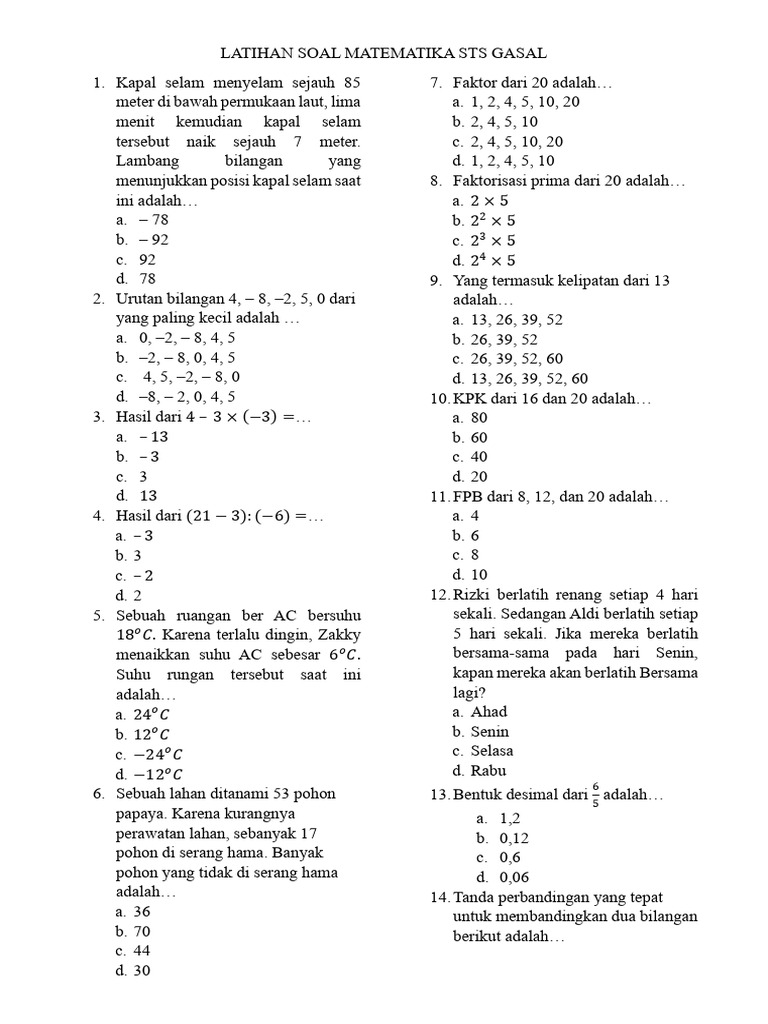 Latihan Soal Matematika Sts Gasal | PDF