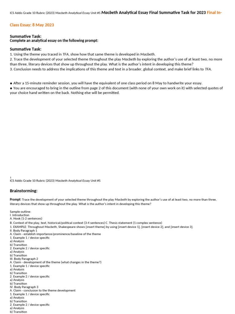 2023 G10 Macbeth Analytical Essay Package | PDF