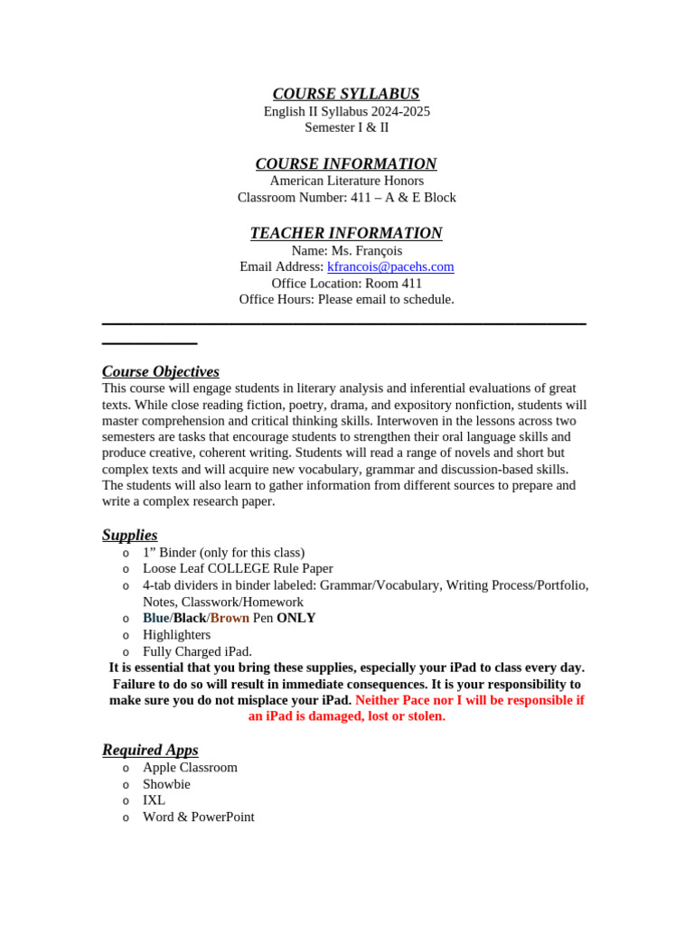 ENG II Syllabus 2024-25 | PDF