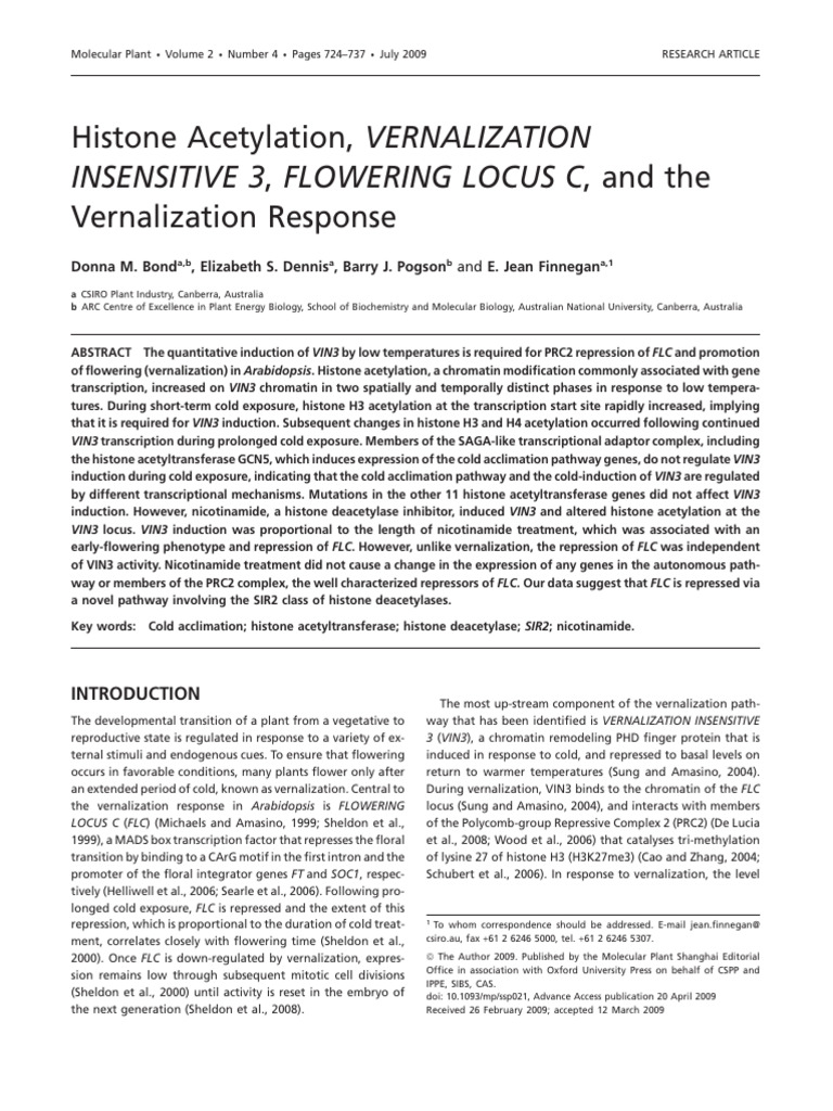Histone Acetylation, VERNALIZATION INSENSITIVE 3, FLOWERING LOCUS C ...